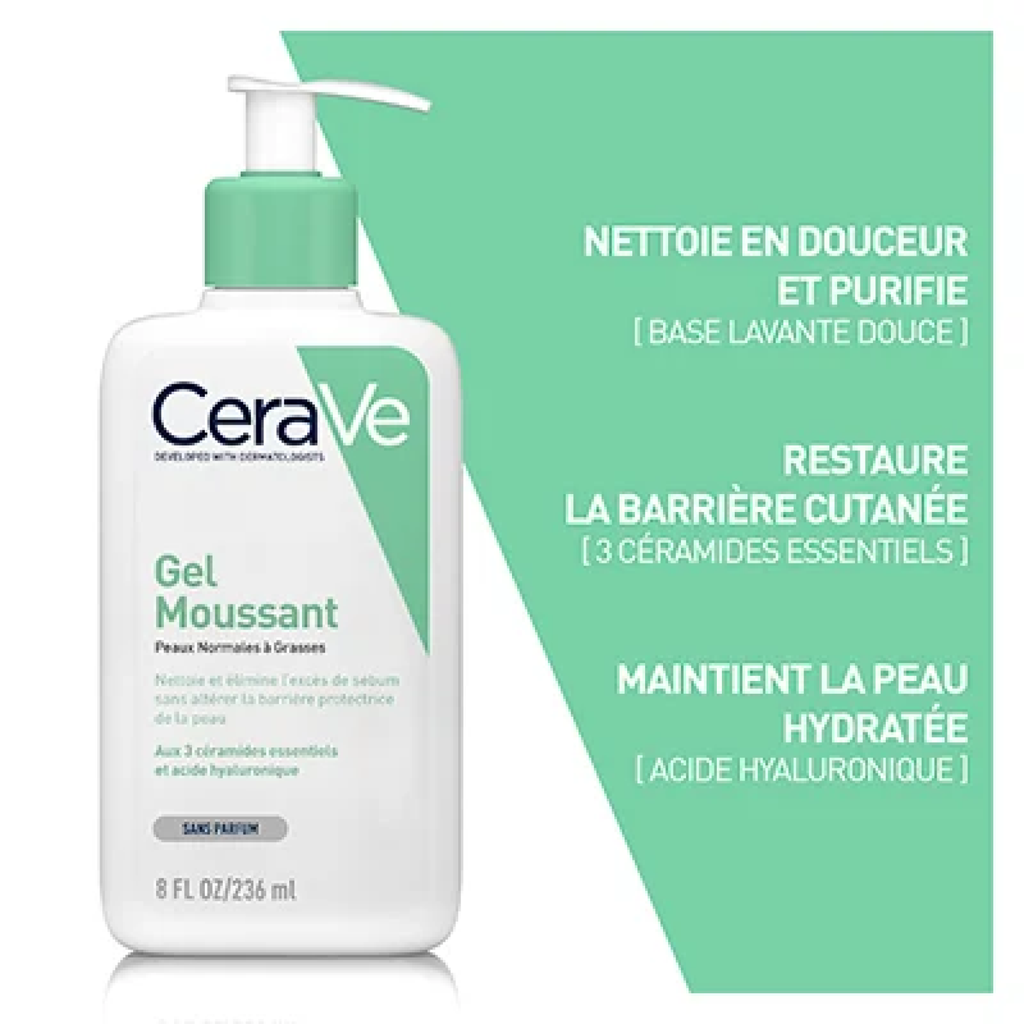 Gel Nettoyant CeraVe - Les 3 céramides essentiels pour une peau hydratée